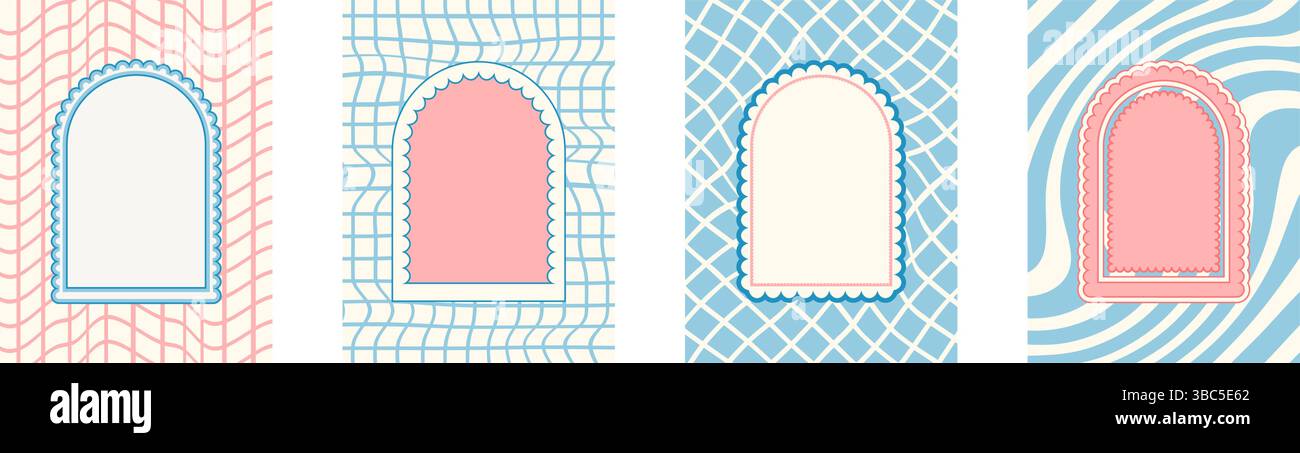 Arch scallop groovy frames set. Wavy edges geometric doodle template ...