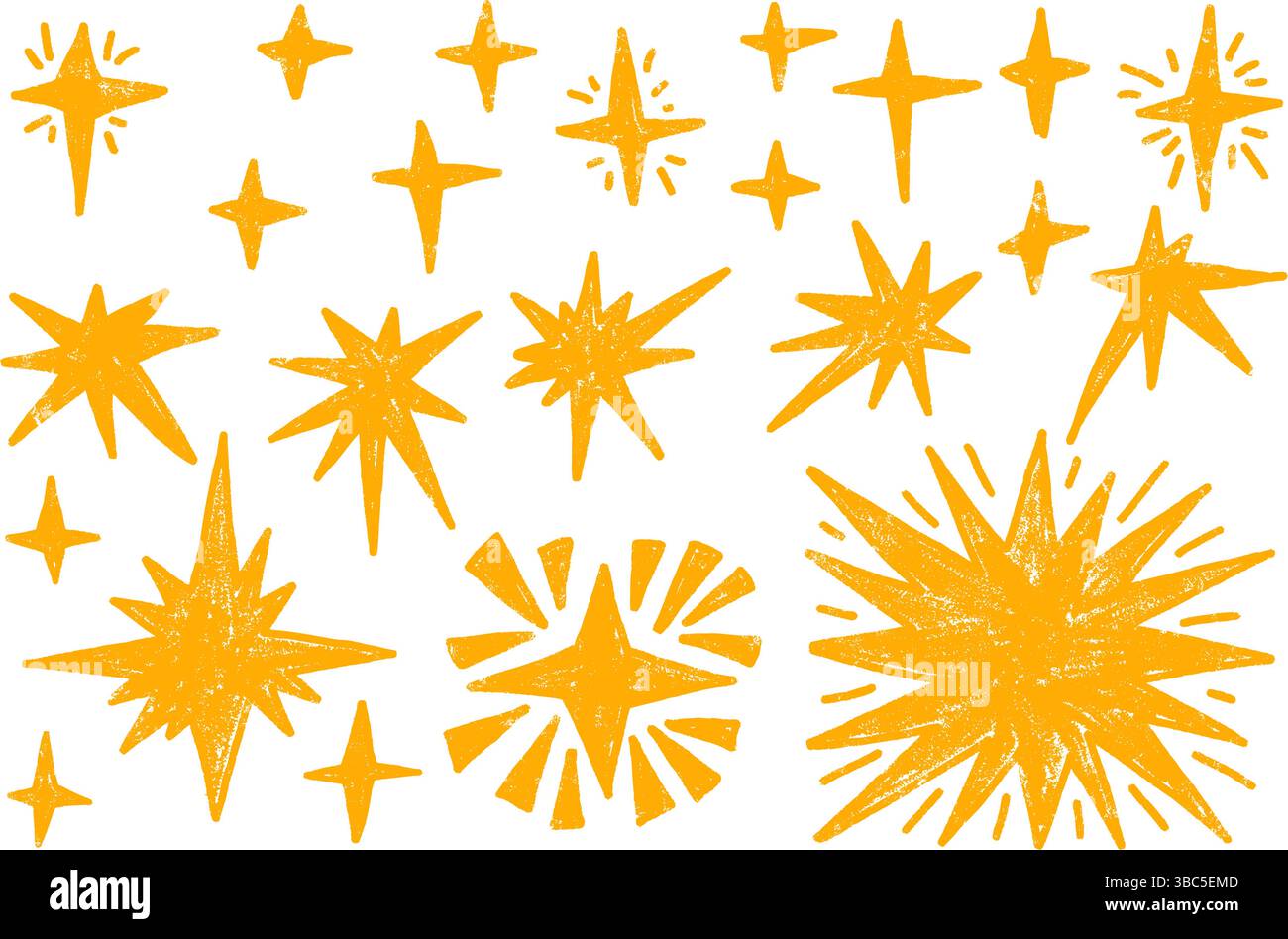 Stars hand drawn set. Space shine shapes and blings doodle pack. Comets and blinking on night ...