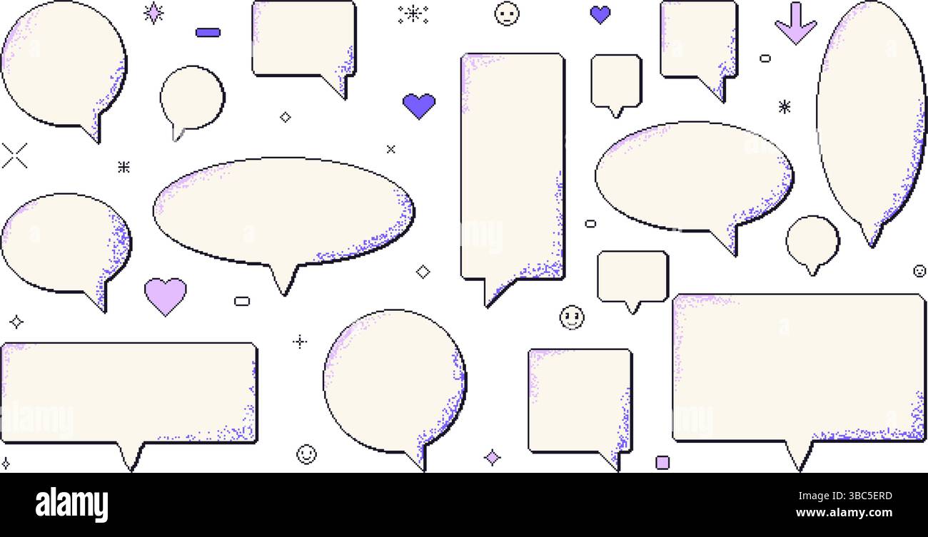 Pixel art speech bubbles set. 8 bit text boxes with hearts, arrow and sparkles. Rectangle and ...