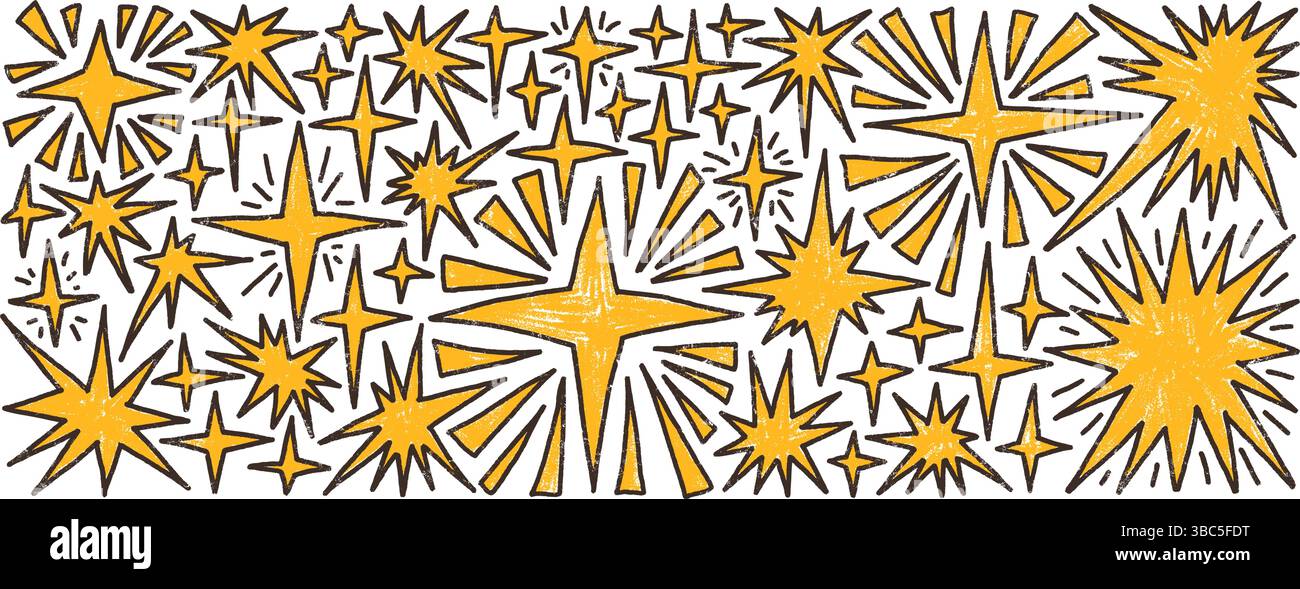 Crayon sparkle stars set. Space shine shapes and blings doodle pack.Vector hand drawn by yellow ...