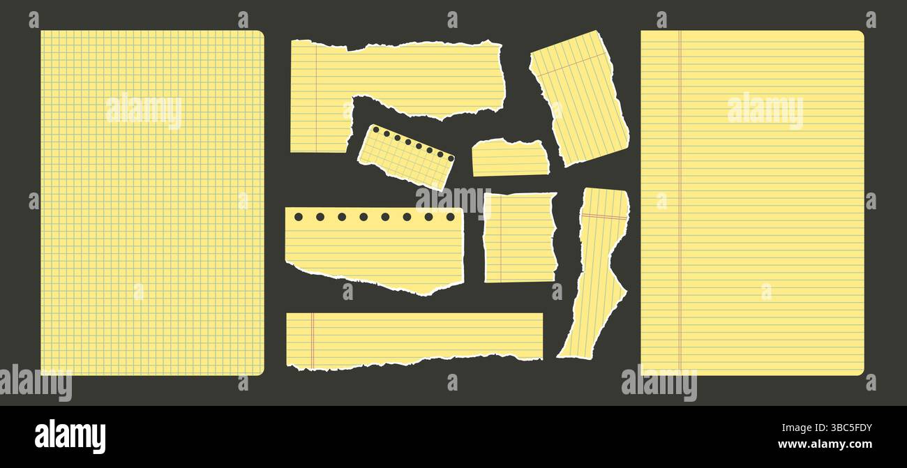 Set of torn edges yellow notepad papers. Tear journal sheet pieces pack ...