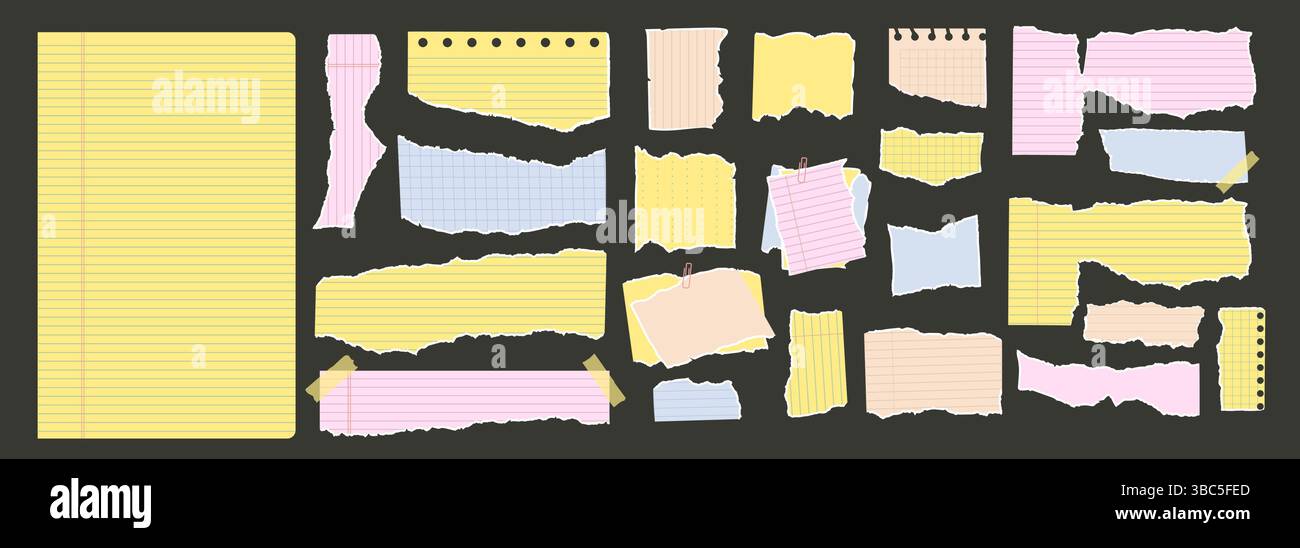 Set of torn edges legal yellow pad papers. Tear school sheet pieces ...