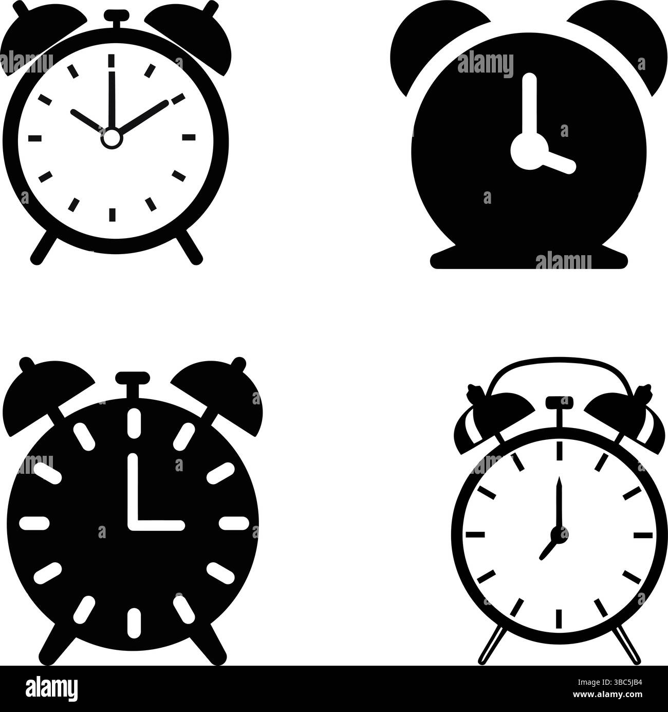 Four Simple Black and White Alarm Clock Icons: Vector Graphics Stock ...