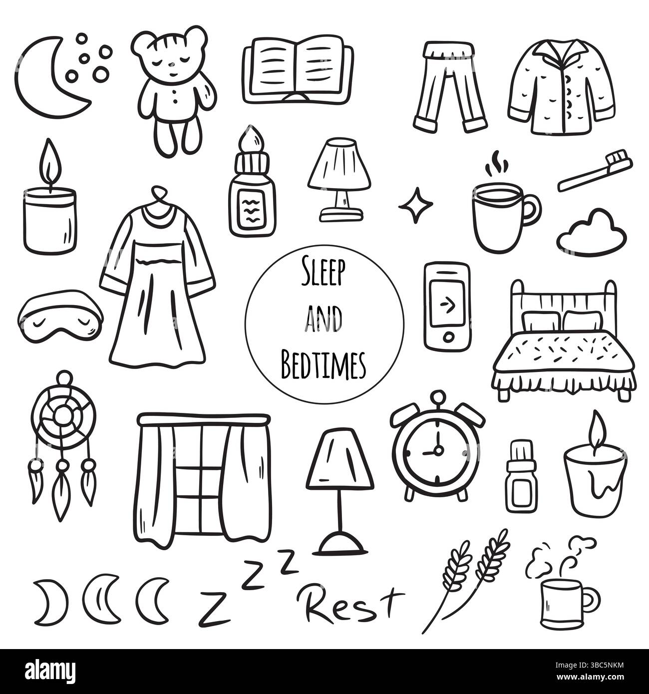 A set of elements for sleep, rest time, comfort at night. Hand drawn ...