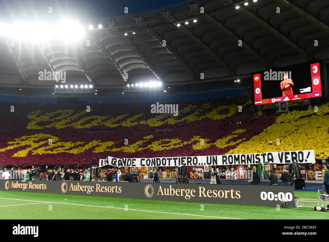 Rome, Italy. 18th May, 2025. AS Roma fans show a choreography dedicated ...