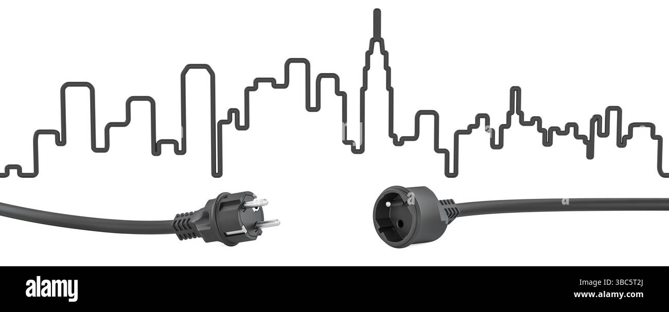 Electric cable forming a city skyline and socket disconnection. Power ...