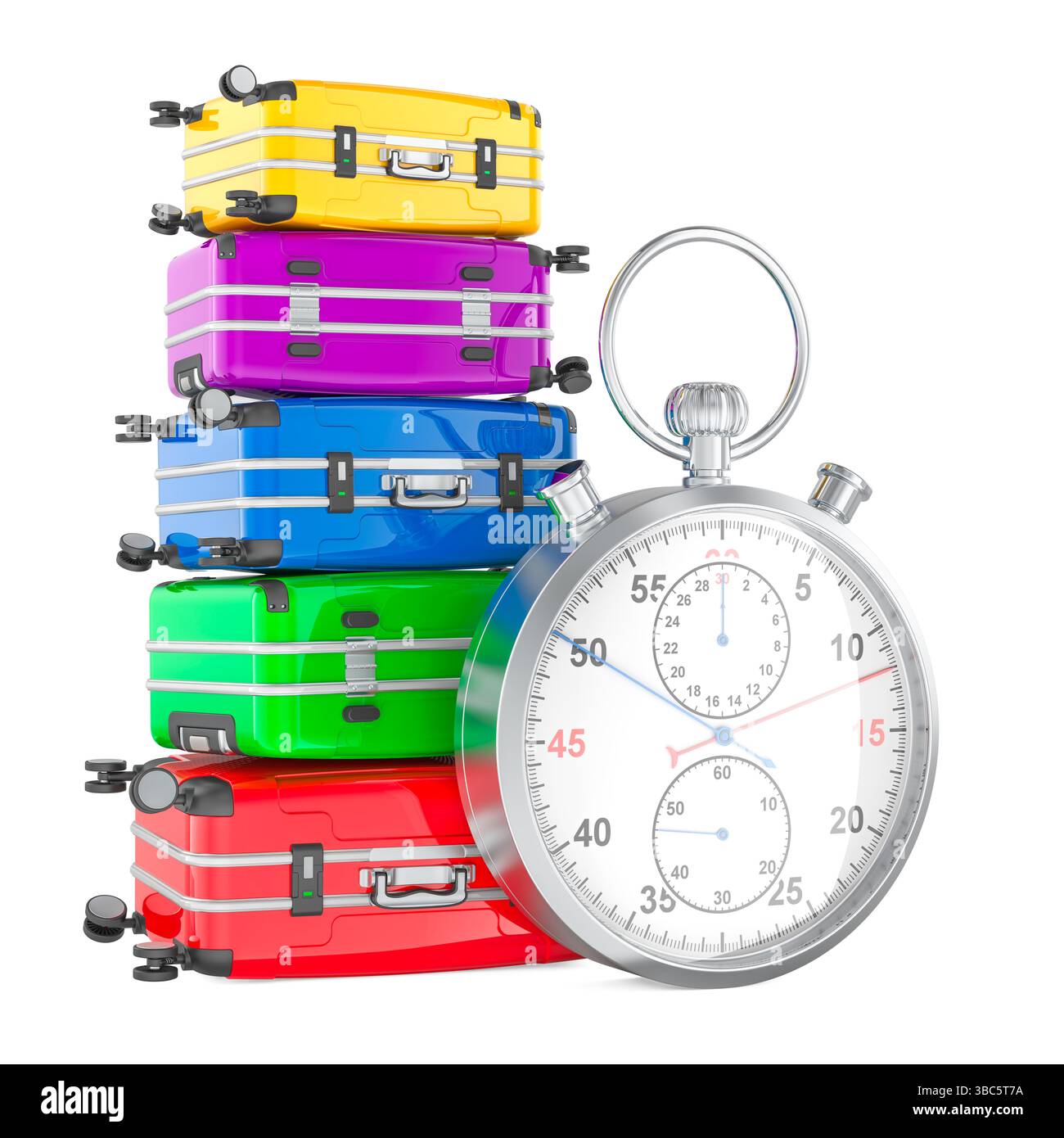 Luggage storage, concept. Stack of suitcases with stopwatch. 3D ...