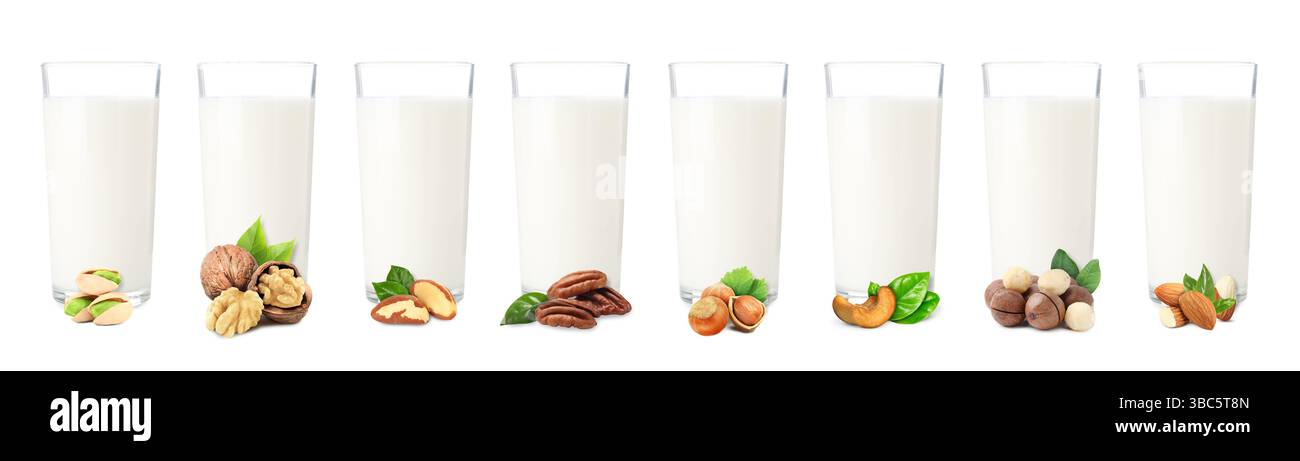 Different types of nut milk in glasses isolated on white, set Stock ...