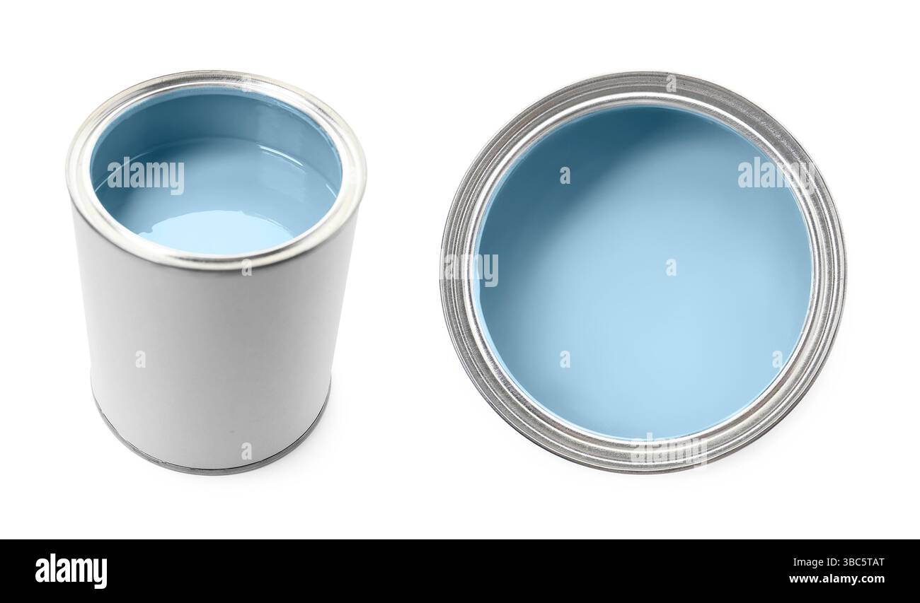Pastel blue paint in can isolated on white. Top and side view Stock ...
