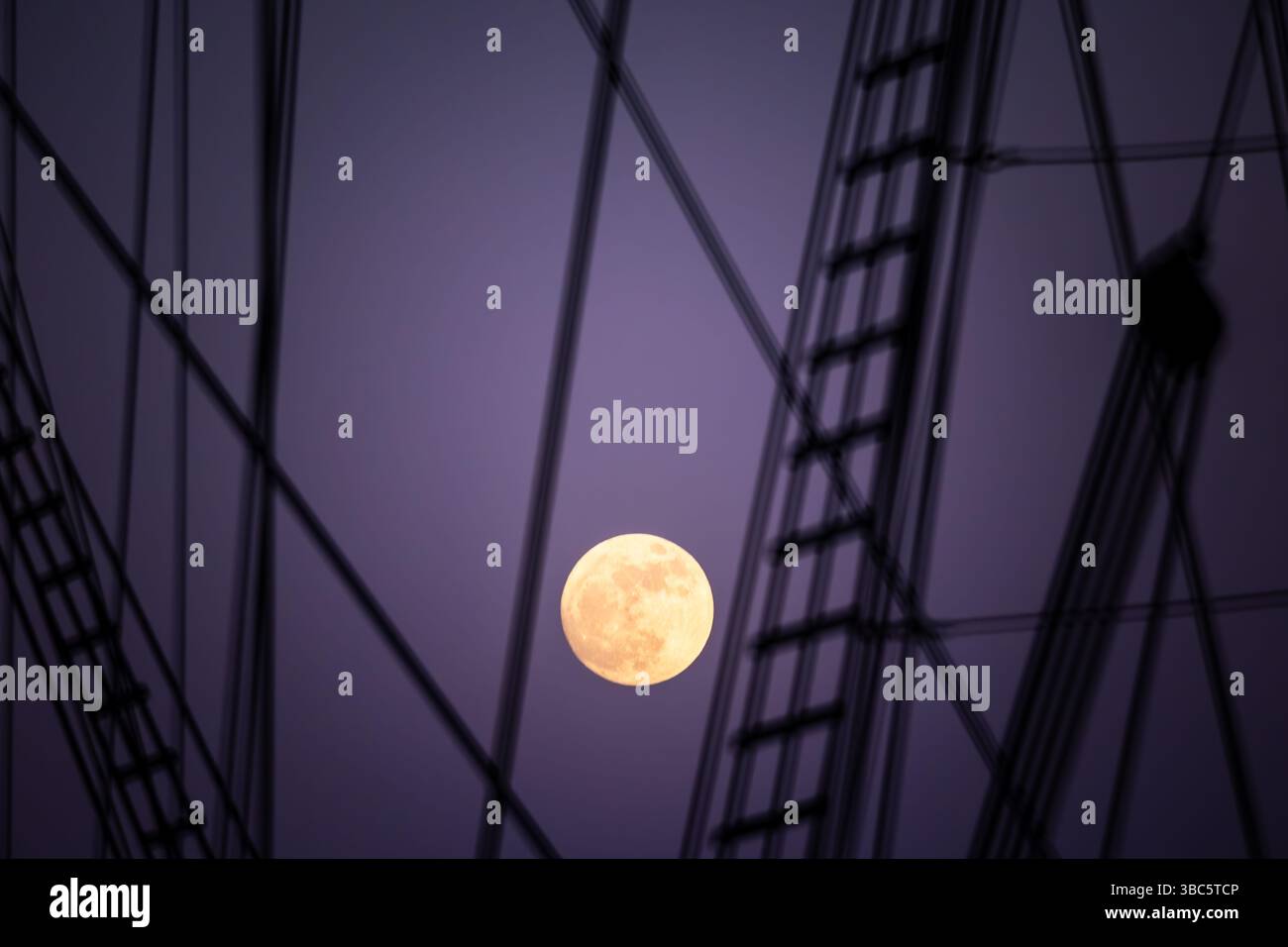 Full Moon Behind Ship Rigging at Dusk – Nautical Twilight Scene - Focus ...