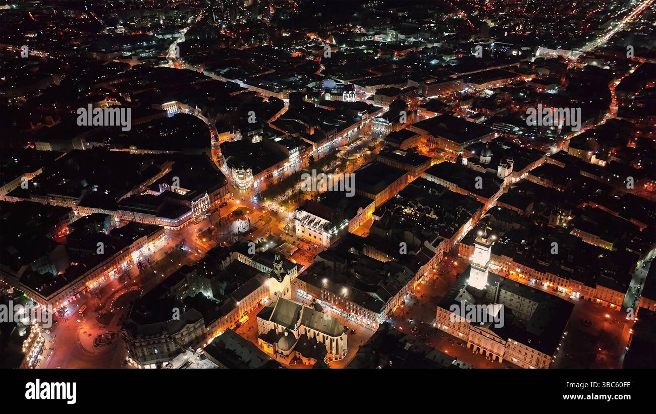 Aerial Night View of City Streets Illuminated. Stunning aerial photo of ...