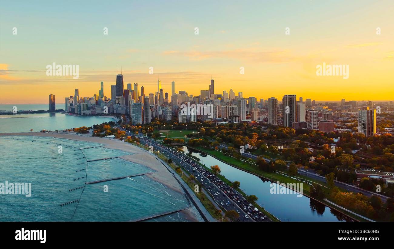 Chicago Skyline and Lake Michigan at Sunset. Aerial view of Chicago's ...