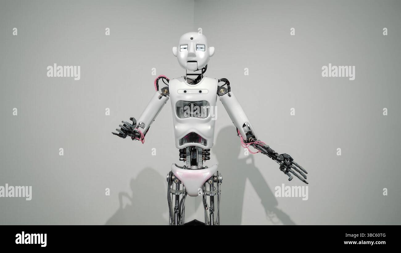 Humanoid Robot with Mechanical Arms Displayed. Close-up of a humanoid ...