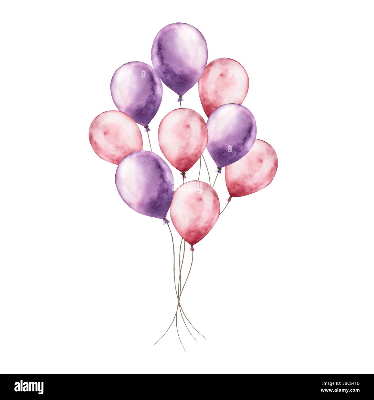 Foil red and purple bunch of balloons. Watercolor pastel cotton candy ...