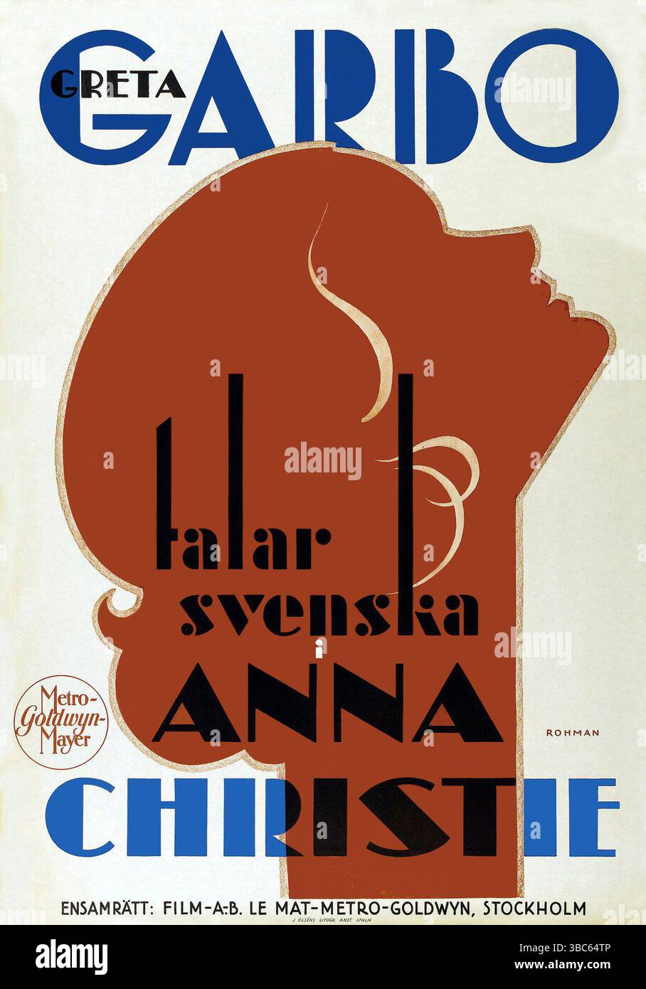 Swedish movie poster for the 1930 film Anna Christie, starring Greta Garbo, directed by Clarence ...