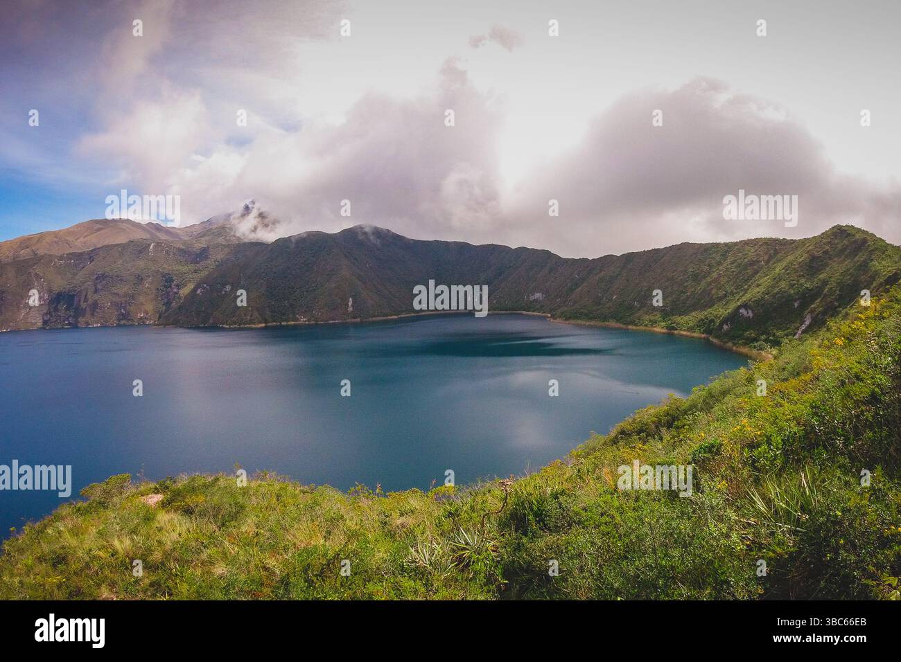 The image shows Cuicocha Lake, a stunning crater lake in Ecuador ...