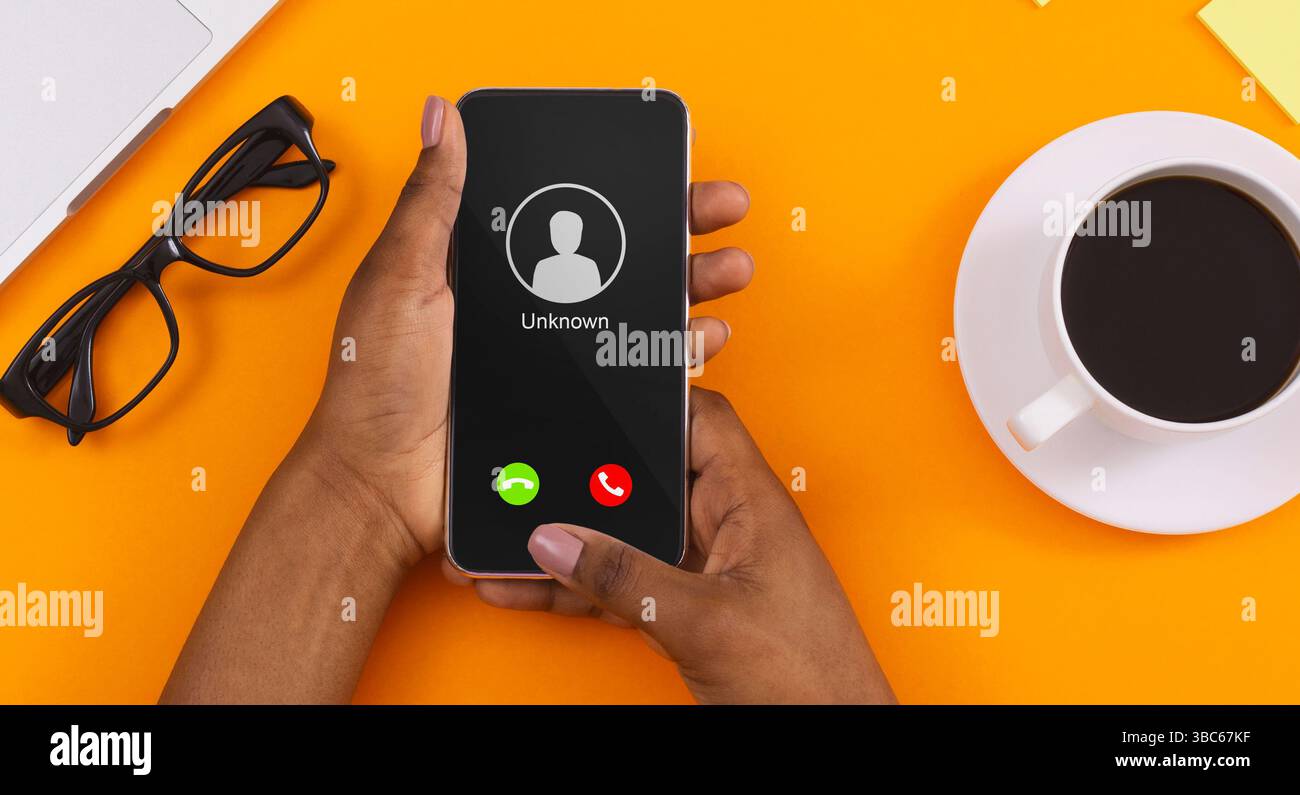 Female Hand Holding Phone With Incoming Call From Unknown Stock Photo ...
