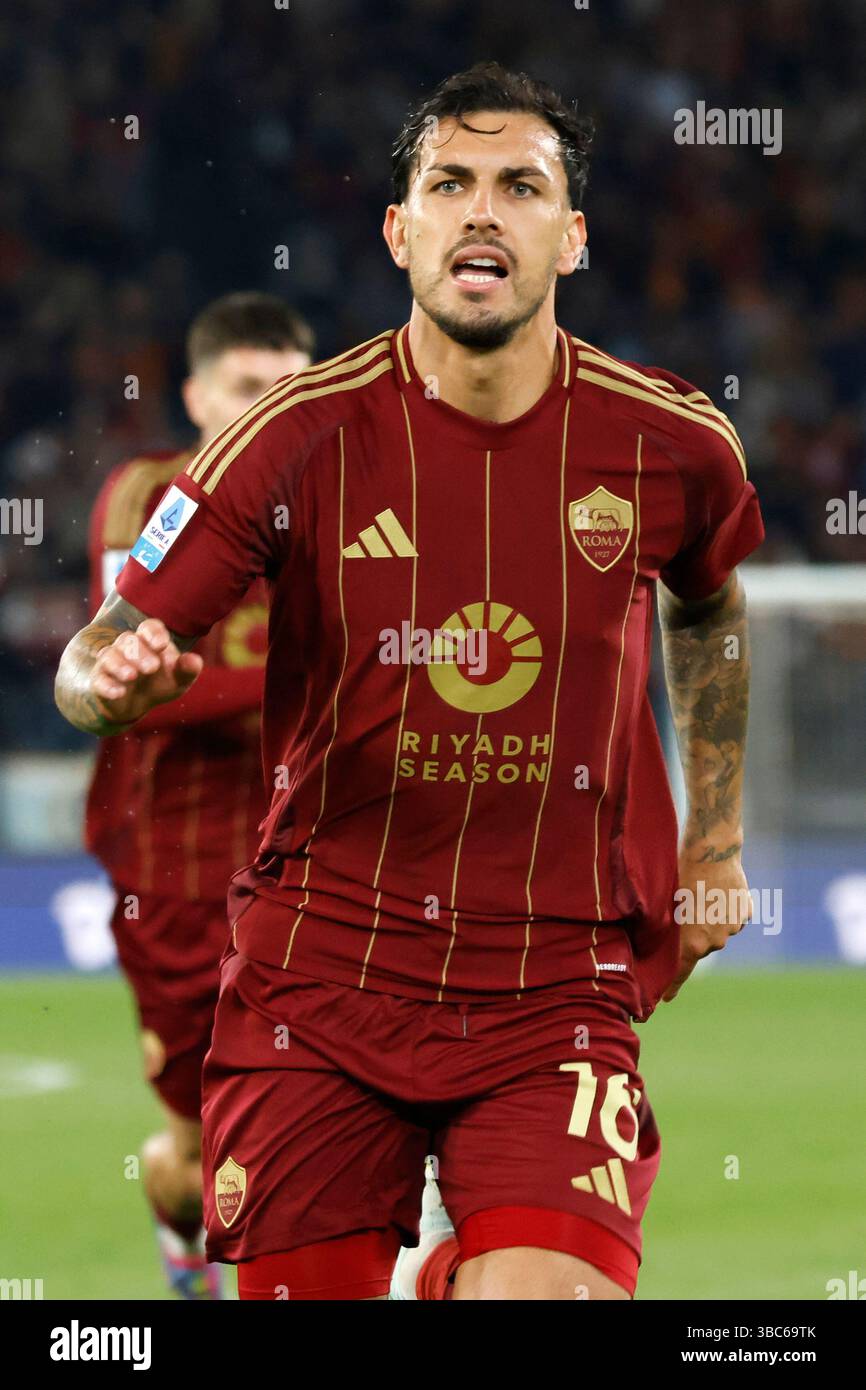 Rome, Italy. 18th May, 2025. Leandro Paredes, of Roma, celebrates after ...