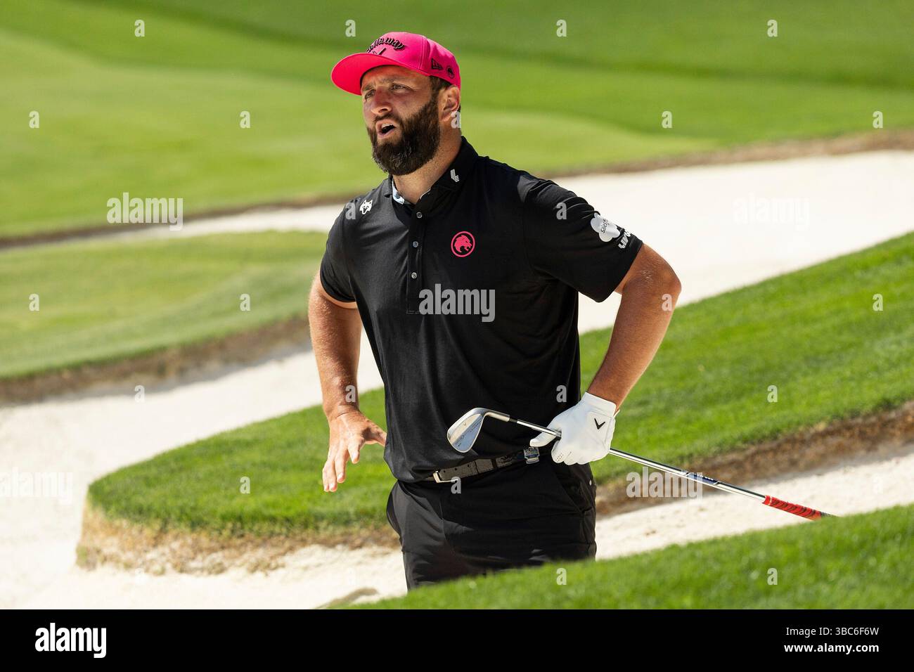 Captain Jon Rahm of Legion XIII reacts to his shot from a bunker on the ...