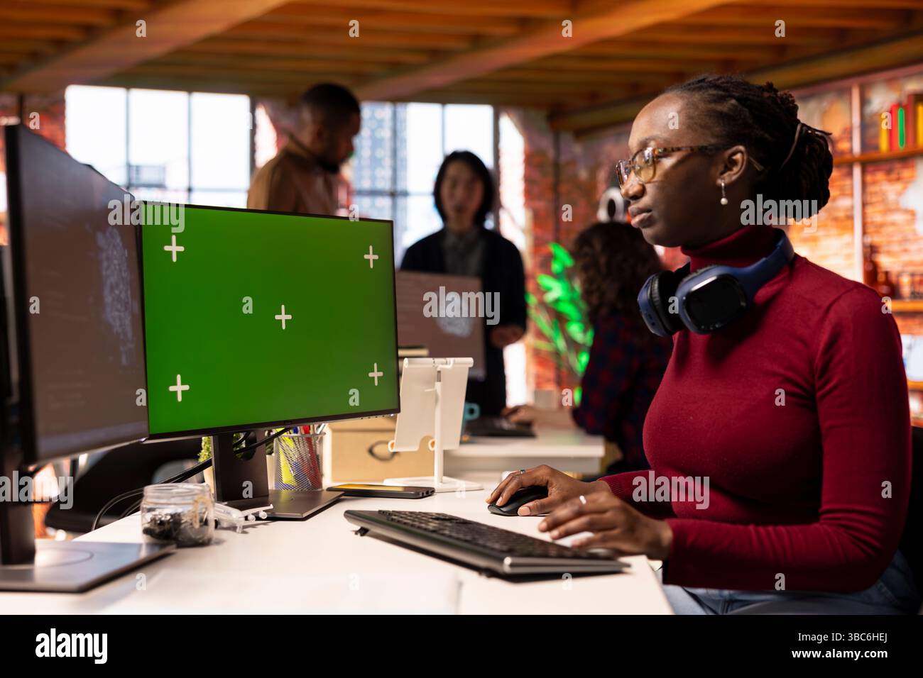Startup developer using mockup PC, coding AI algorithm and machine learning models enhancing ...