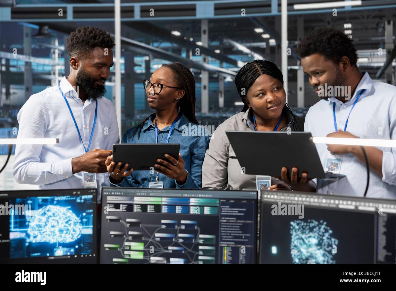 Teamworking server room colleagues use artificial intelligence to perform computing tasks. Data ...