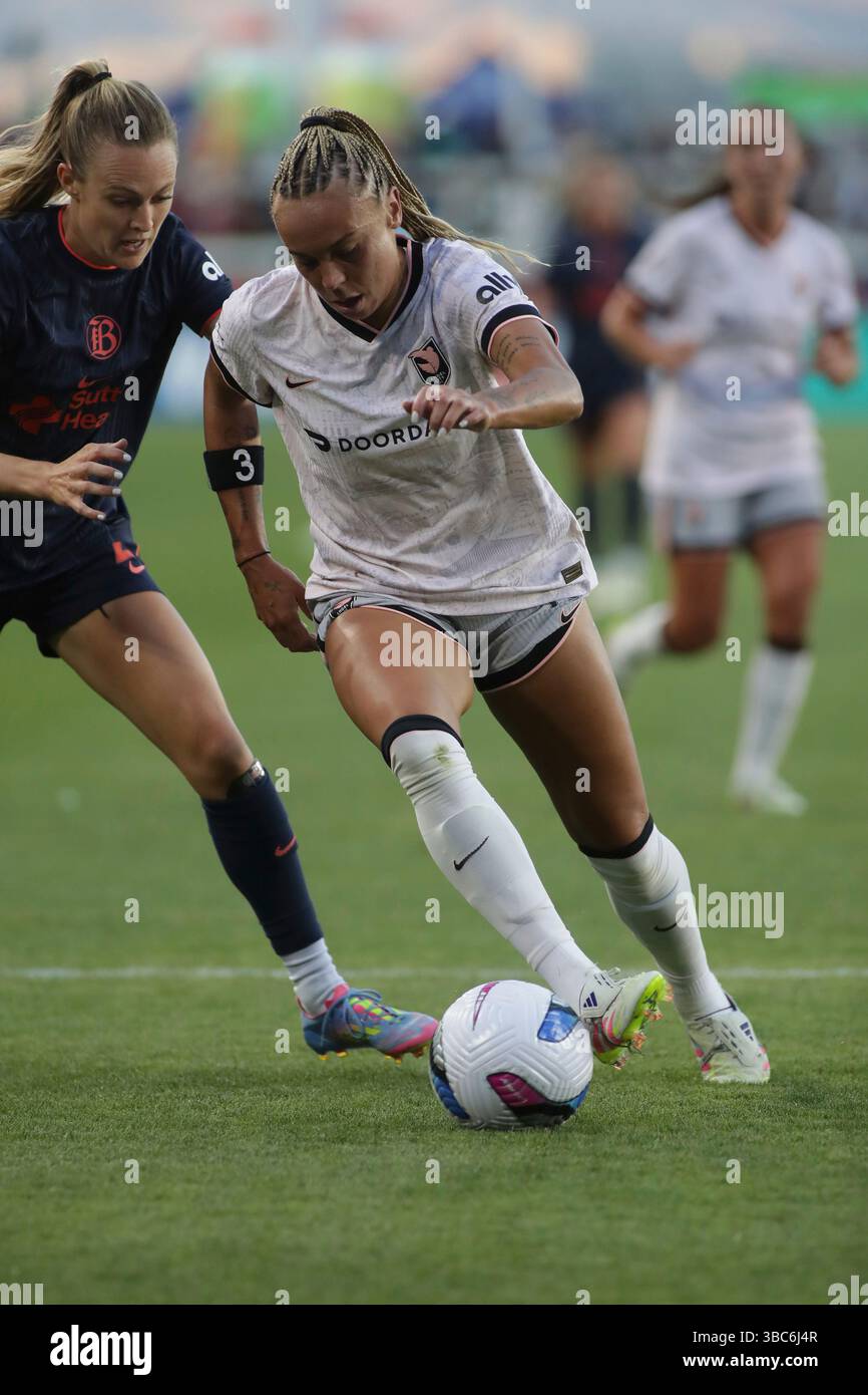 SAN JOSE, CA - MAY 17: NWSL Angel City FC defender M.A. Vignola (16) is pressed by Bay FC Rachel ...