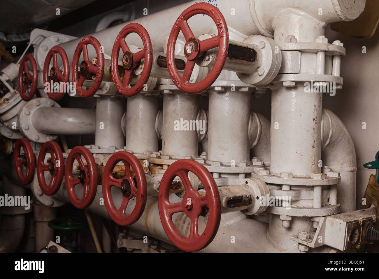Valve system with pipes in the engine room on the vessel Stock Photo ...