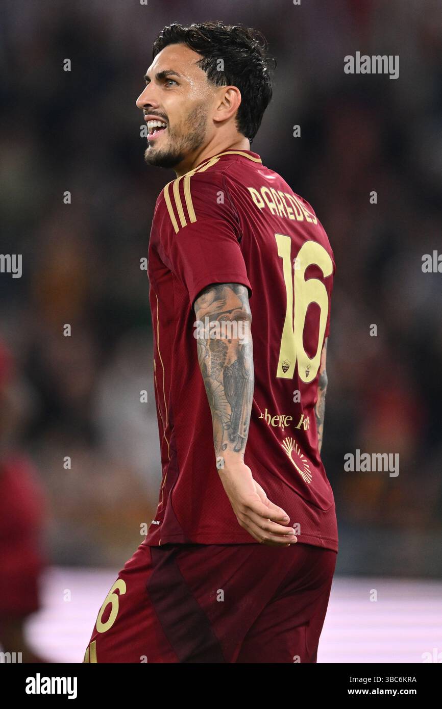 Rome, Italy. 18th May, 2025. Leandro Paredes of A.S. Roma celebrates ...