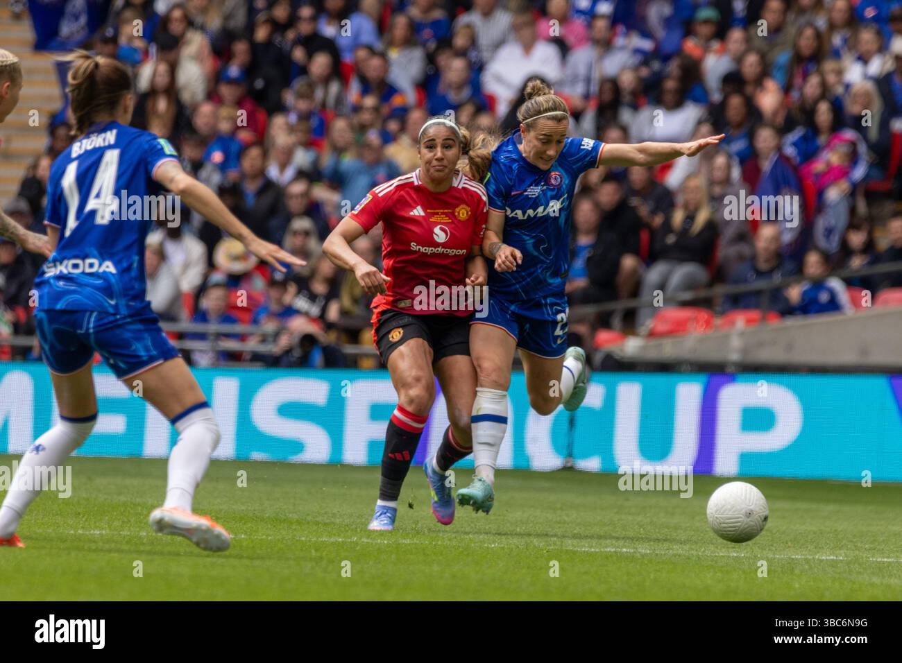Wembley, London, UK. 18th May, 2025. Gabby George (3) and Lucy Bronze ...