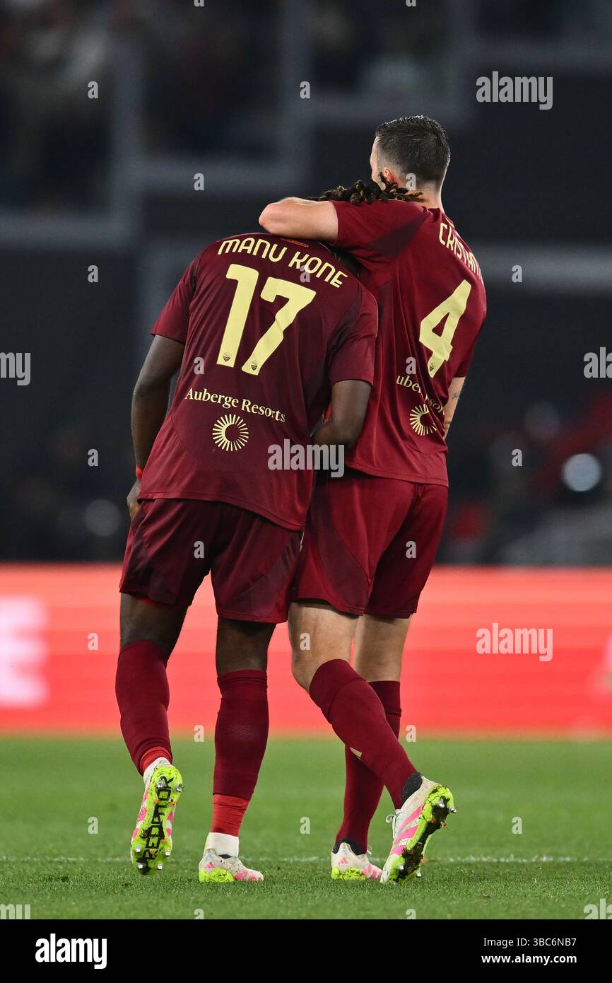 Rome, Italy. 18th May, 2025. Bryan Cristante of A.S. Roma celebrates ...