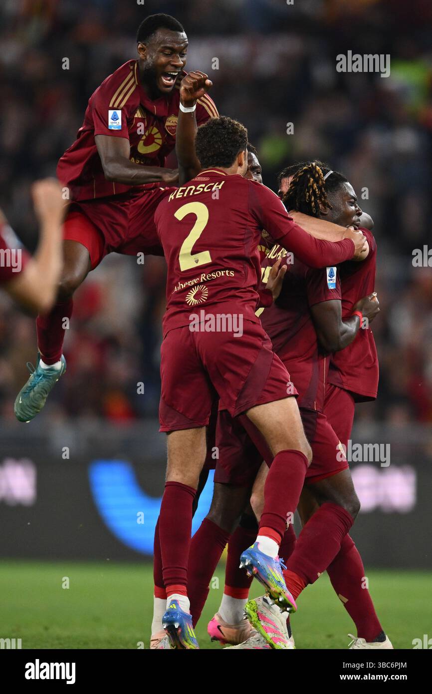 Rome, Italy. 18th May, 2025. Bryan Cristante of A.S. Roma celebrates ...