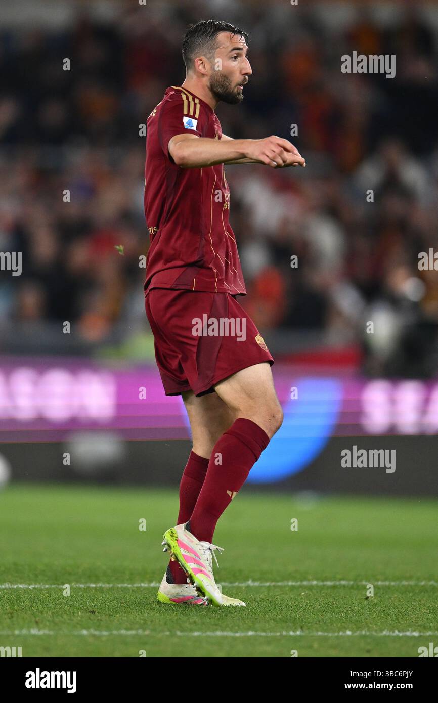 Rome, Italy. 18th May, 2025. Bryan Cristante of A.S. Roma celebrates ...