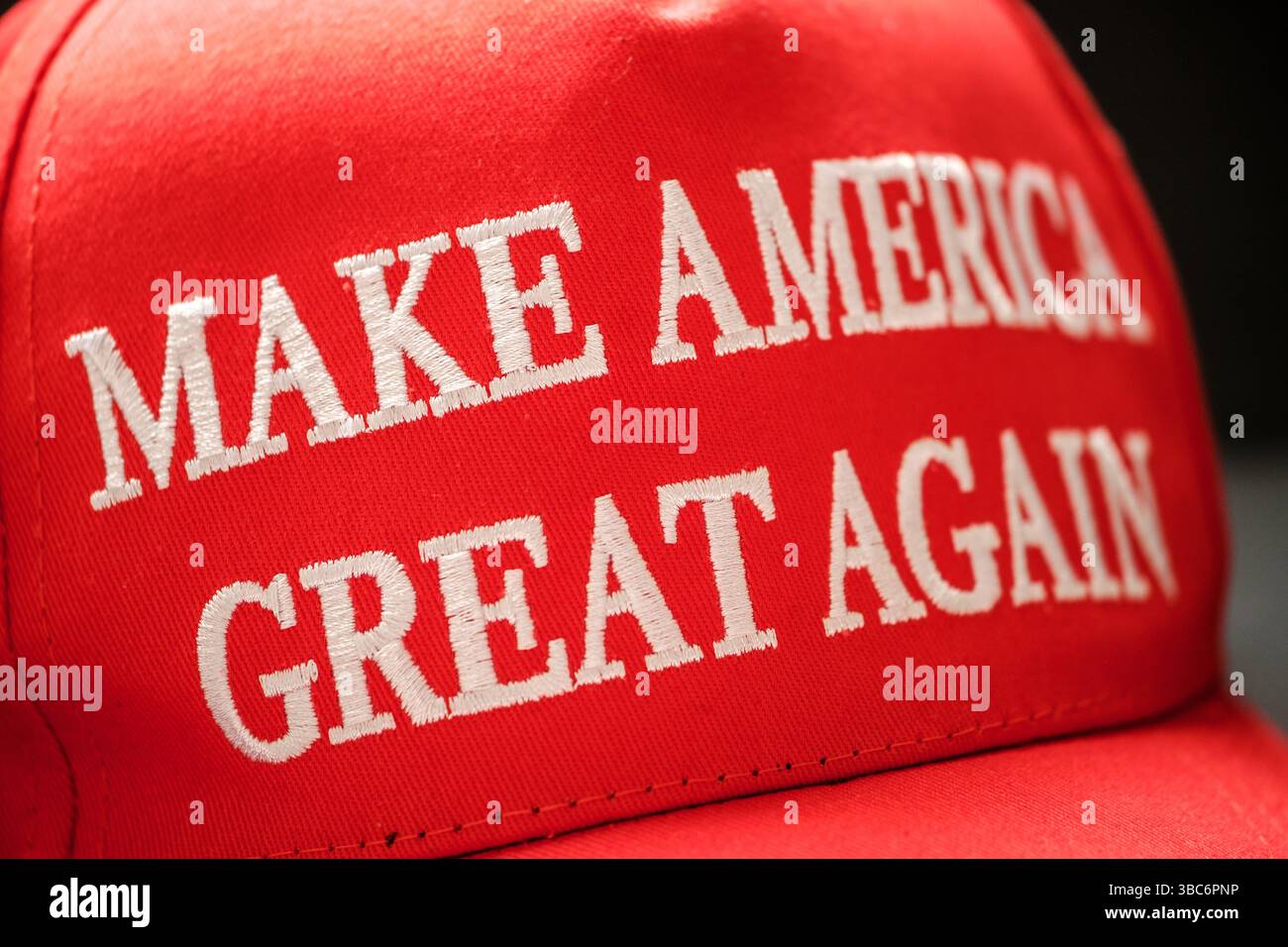 Close-up of red "Make America Great Again" hat showing detailed ...