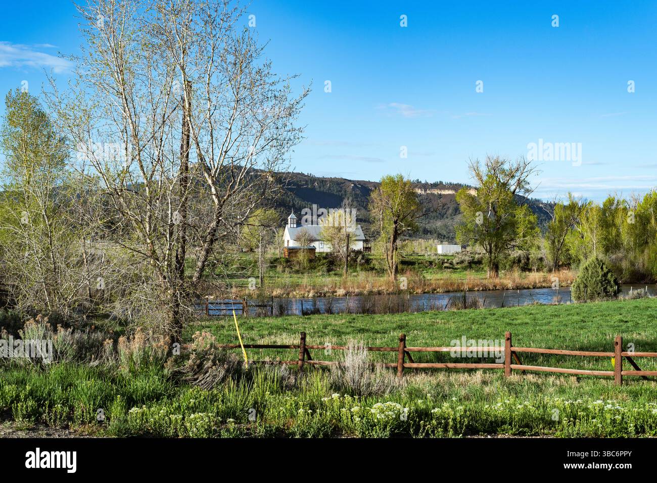 Looking across ranch land to a small church in remote Trujillo ...