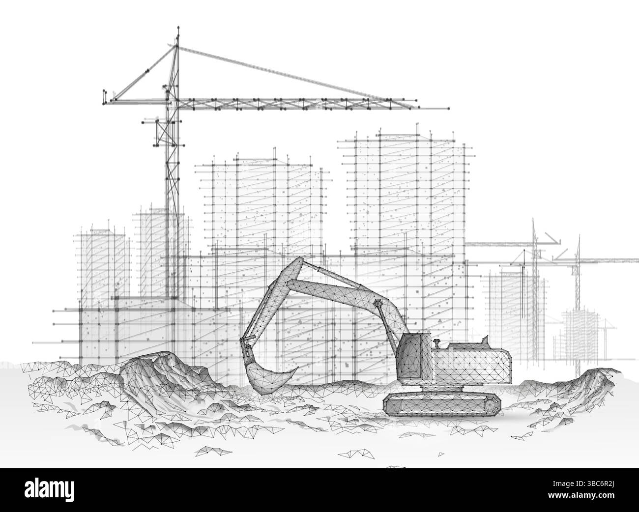 Digital construction site sketch with excavator. Building 3D Printing, Building Information ...