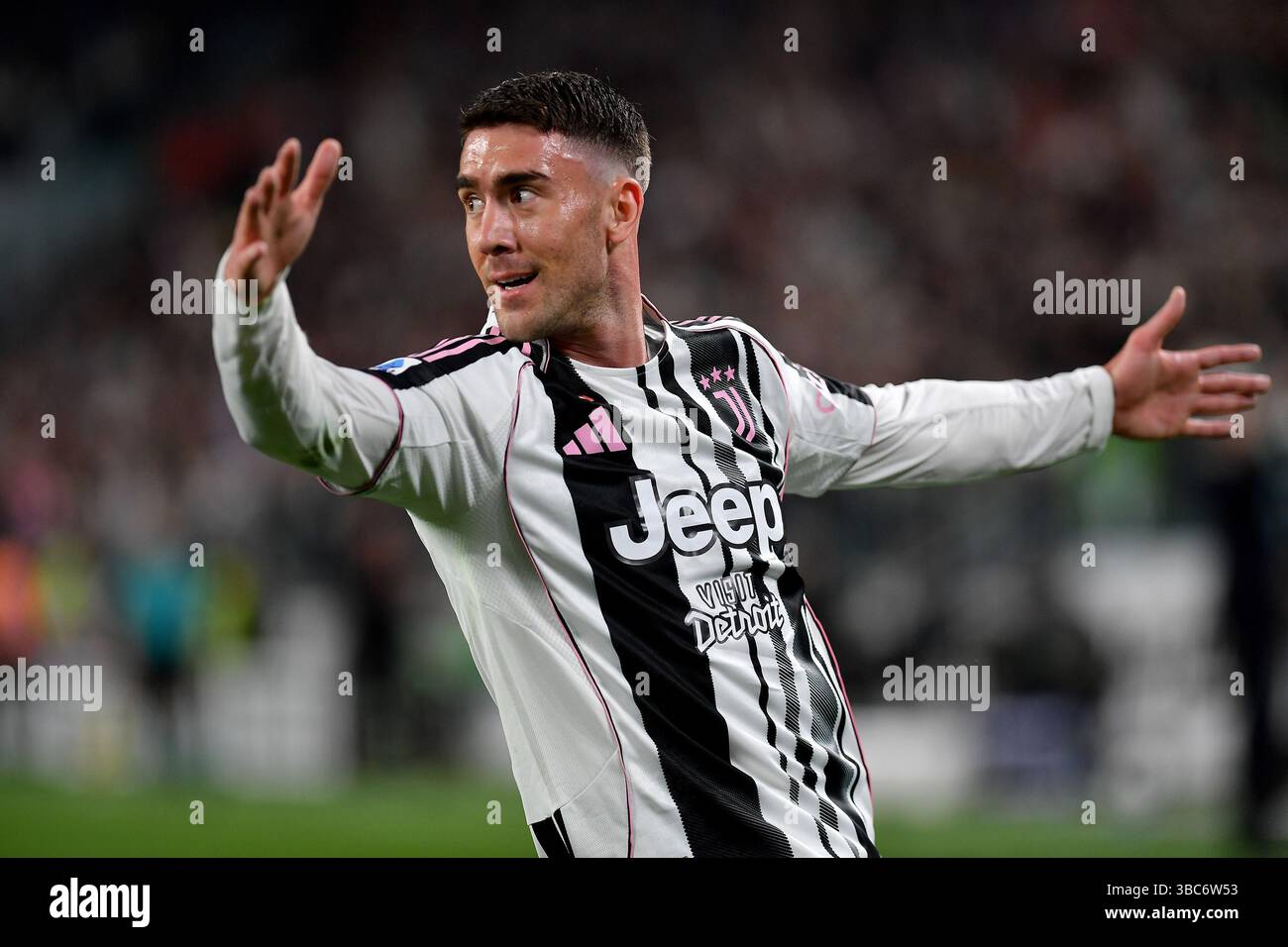 Turin, Italy. 18th May, 2025. Dusan Vlahovic of Juventus FC celebrates ...