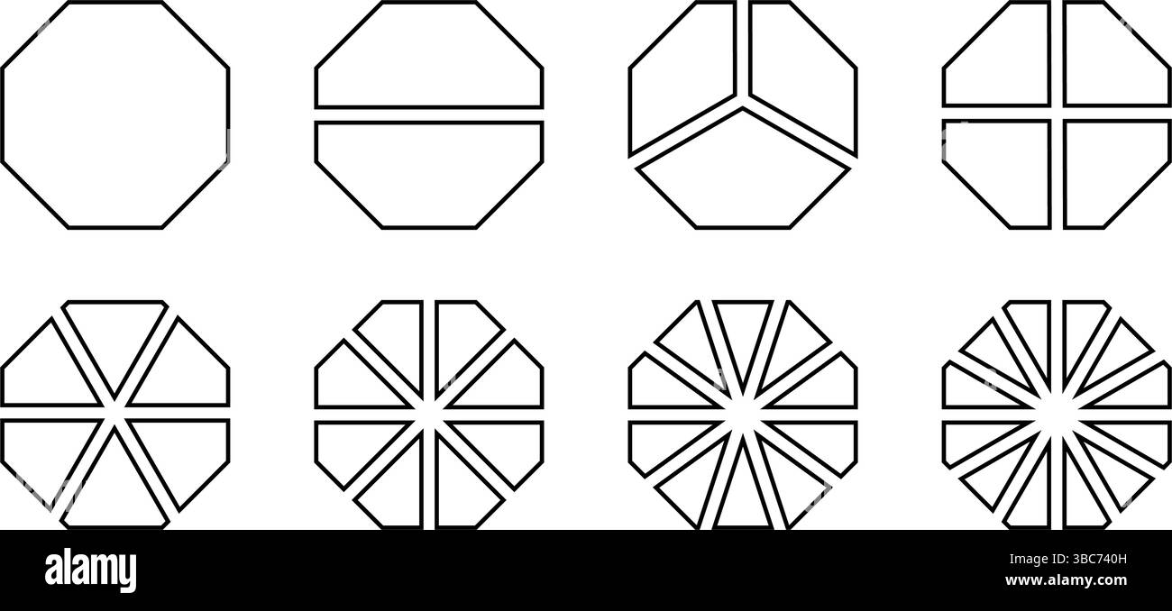 Octagon shapes divided into slices from 2 to 12 isolated on white ...