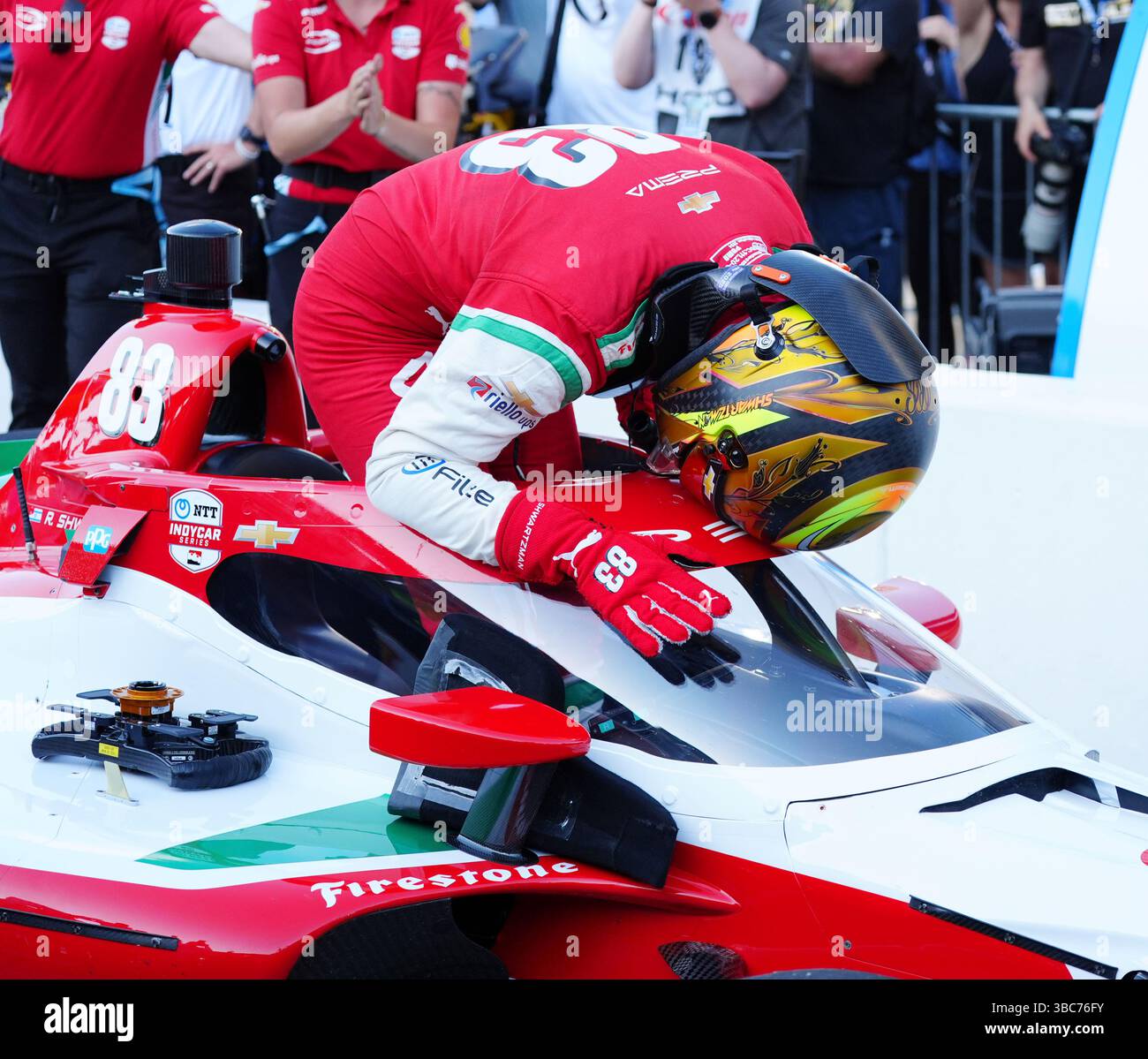 INDIANAPOLIS, IN - MAY 18: IndyCar driver Robert Shwartzman (83) reacts ...