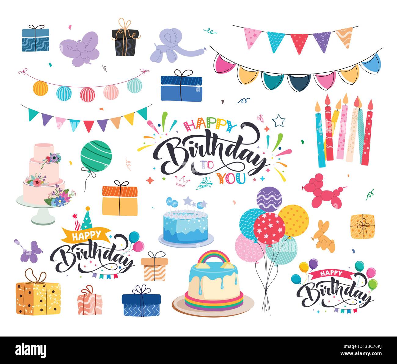Birthday elements colorful clipart set. Happy birthday text with party ...