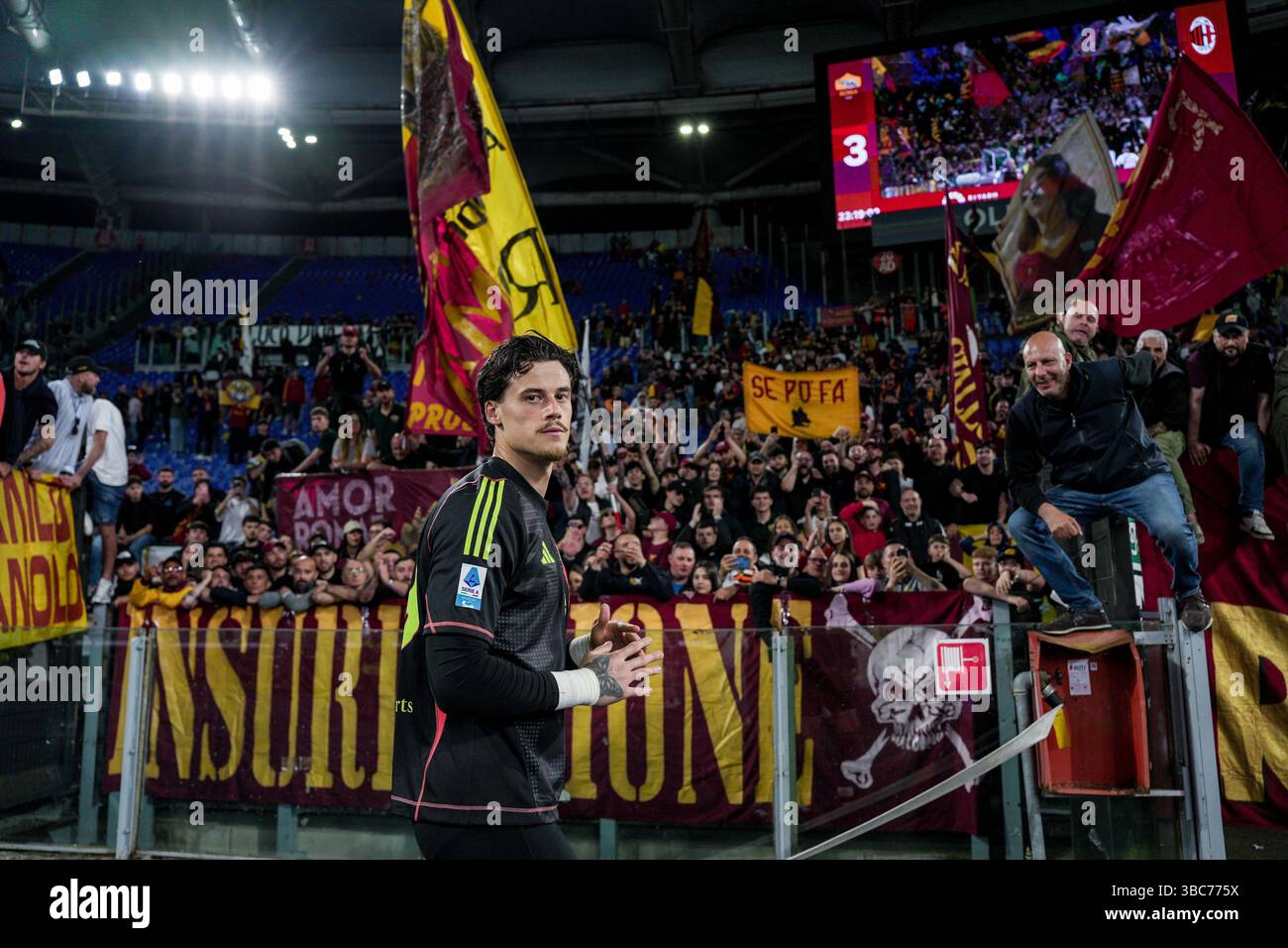 Rome, Italy. 19th May, 2025. Mile Svilar of A.S. Roma and Curva Sud ...