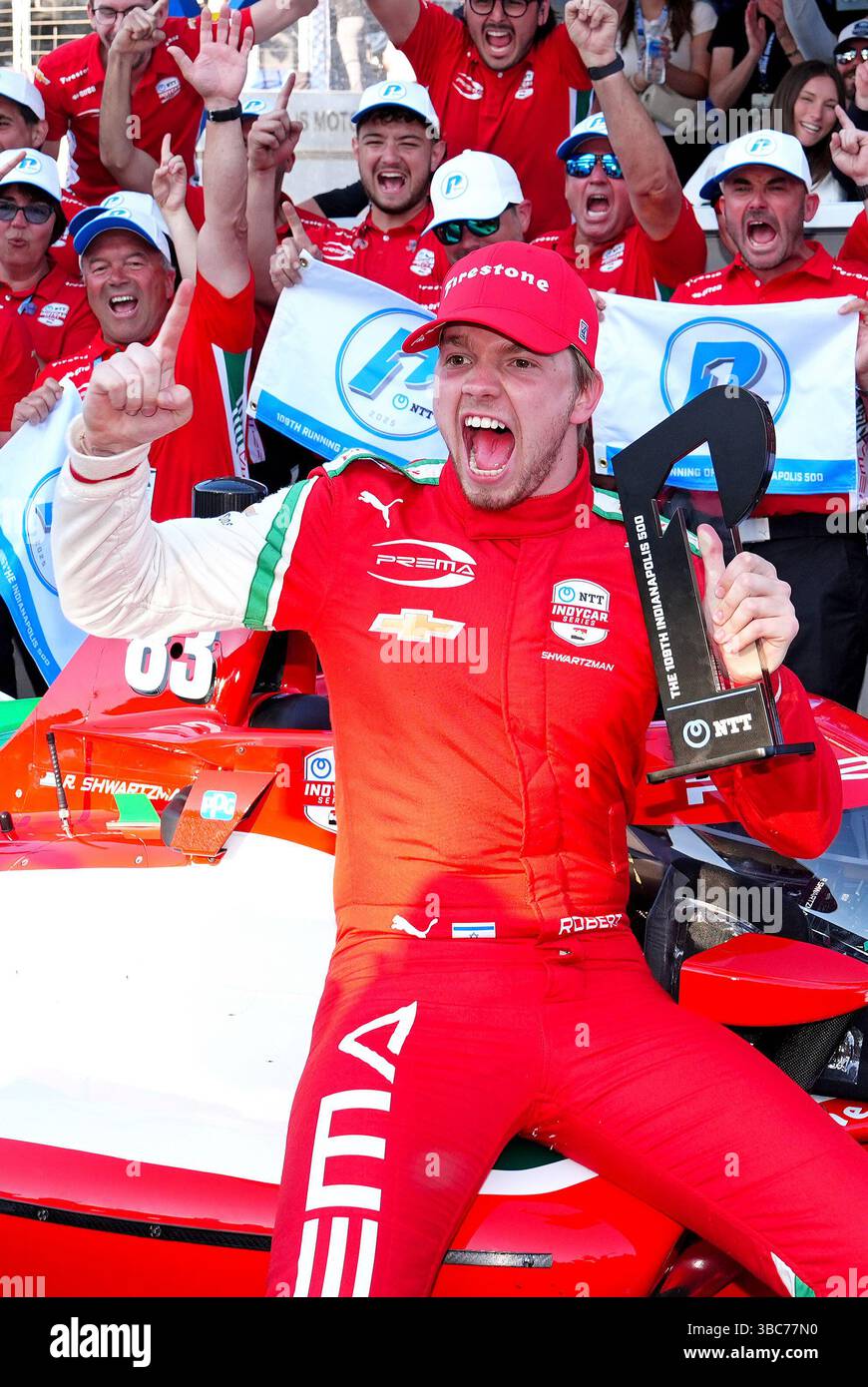 INDIANAPOLIS, IN - MAY 18: IndyCar driver Robert Shwartzman (83) reacts ...
