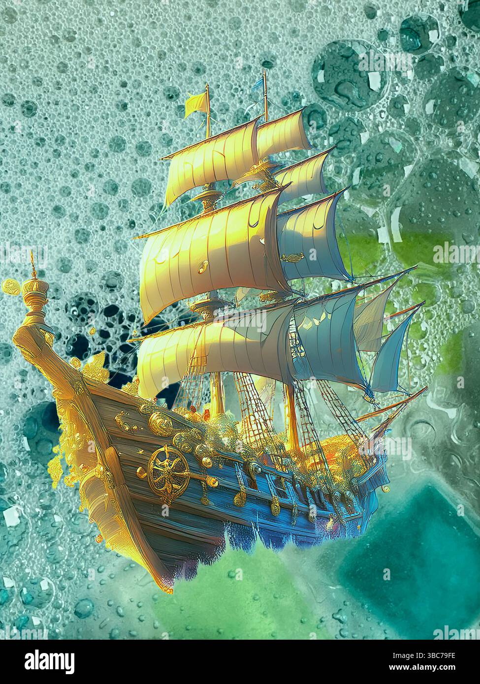 Golden mast sailing ship could be a pirate treasure ship.The bubbling ...