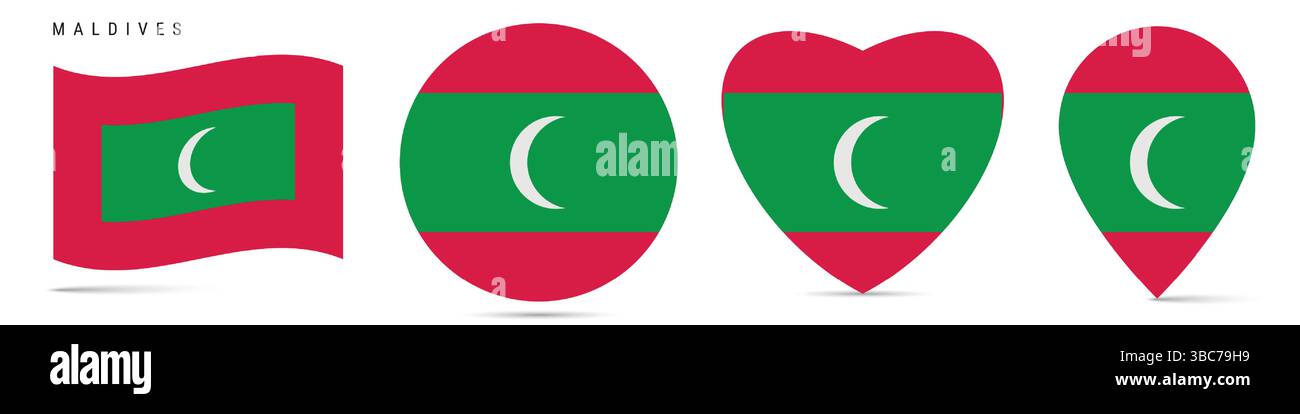Maldives waving flag, round circle sticker badge, heart shaped icon ...