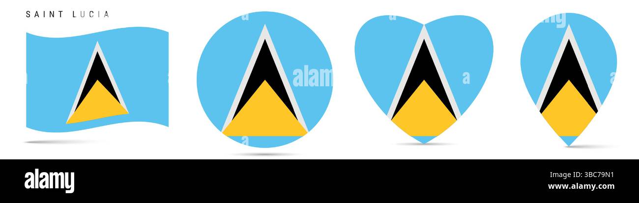Saint Lucia waving flag, round circle sticker badge, heart shaped icon ...