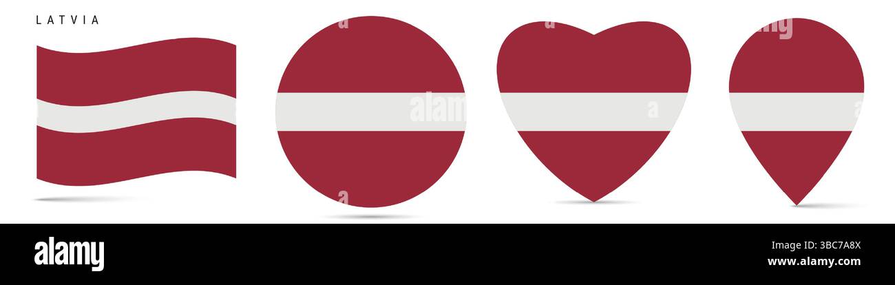 Latvia waving flag, round circle sticker badge, heart shaped icon, map pin. Latvian flag buttons ...