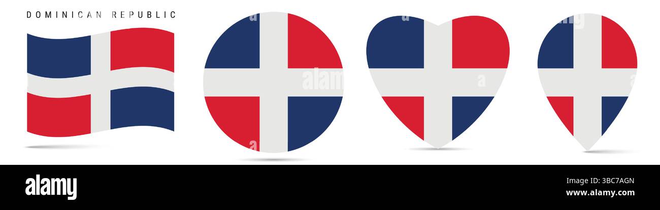Dominican Republic waving flag, round circle sticker badge, heart shaped icon, map pin ...