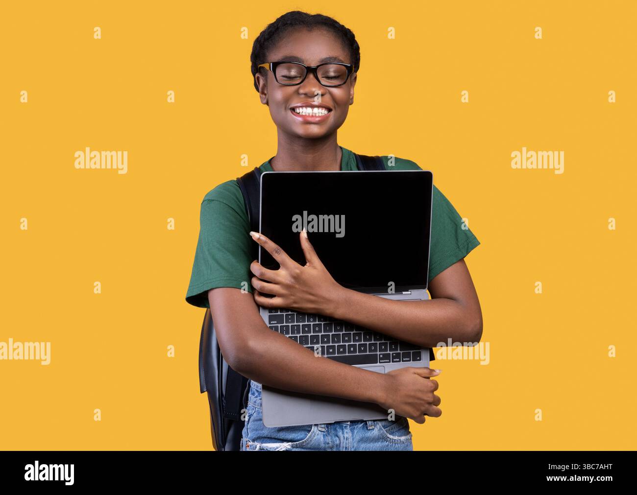 Happy Black Female Student Hugging Laptop Standing Over Yellow ...