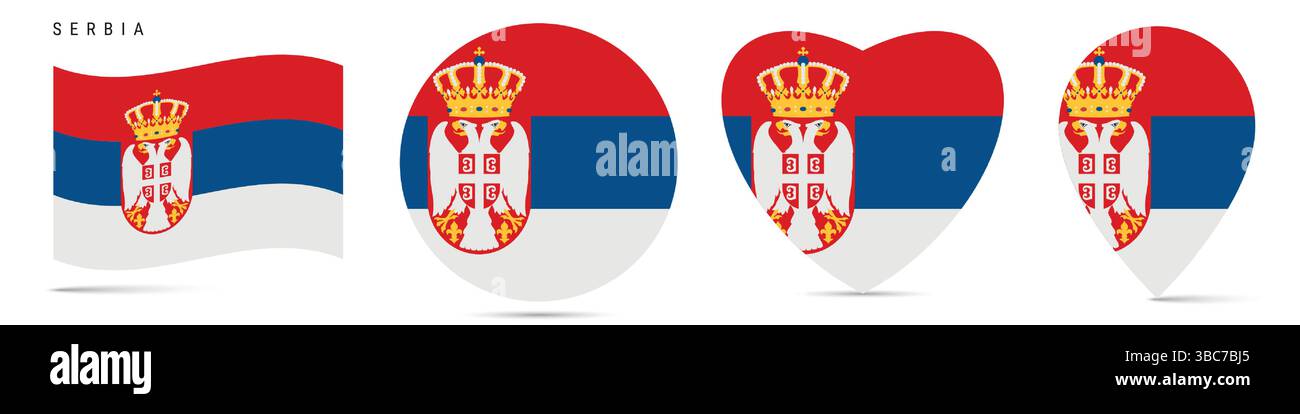 Serbia waving flag, round circle sticker badge, heart shaped icon, map ...