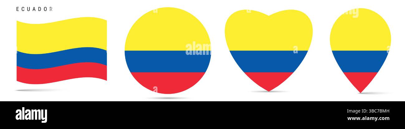 Ecuador waving flag, round circle sticker badge, heart shaped icon, map pin. Ecuadorian flag ...