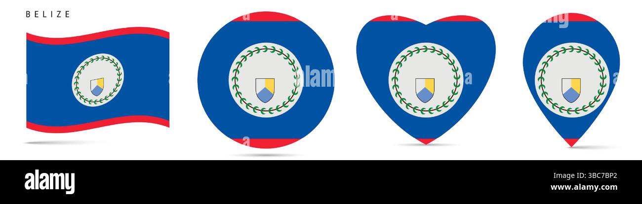 Belize waving flag, round circle sticker badge, heart shaped icon, map ...
